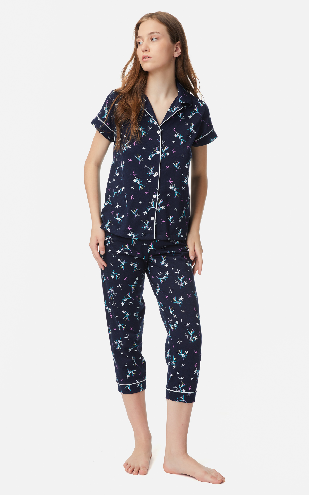 Woman Pyjama Summer Floral Short Sleeve Capri Printed Buttoned Women's ...